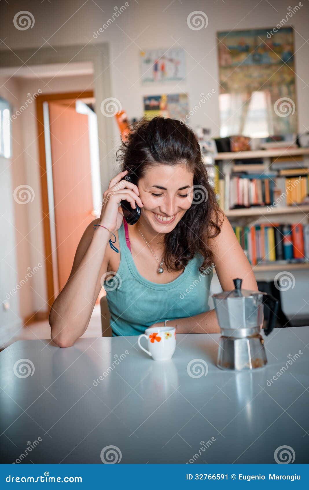 Beautiful Woman Calling during Breakfast Stock Image - Image of phone ...