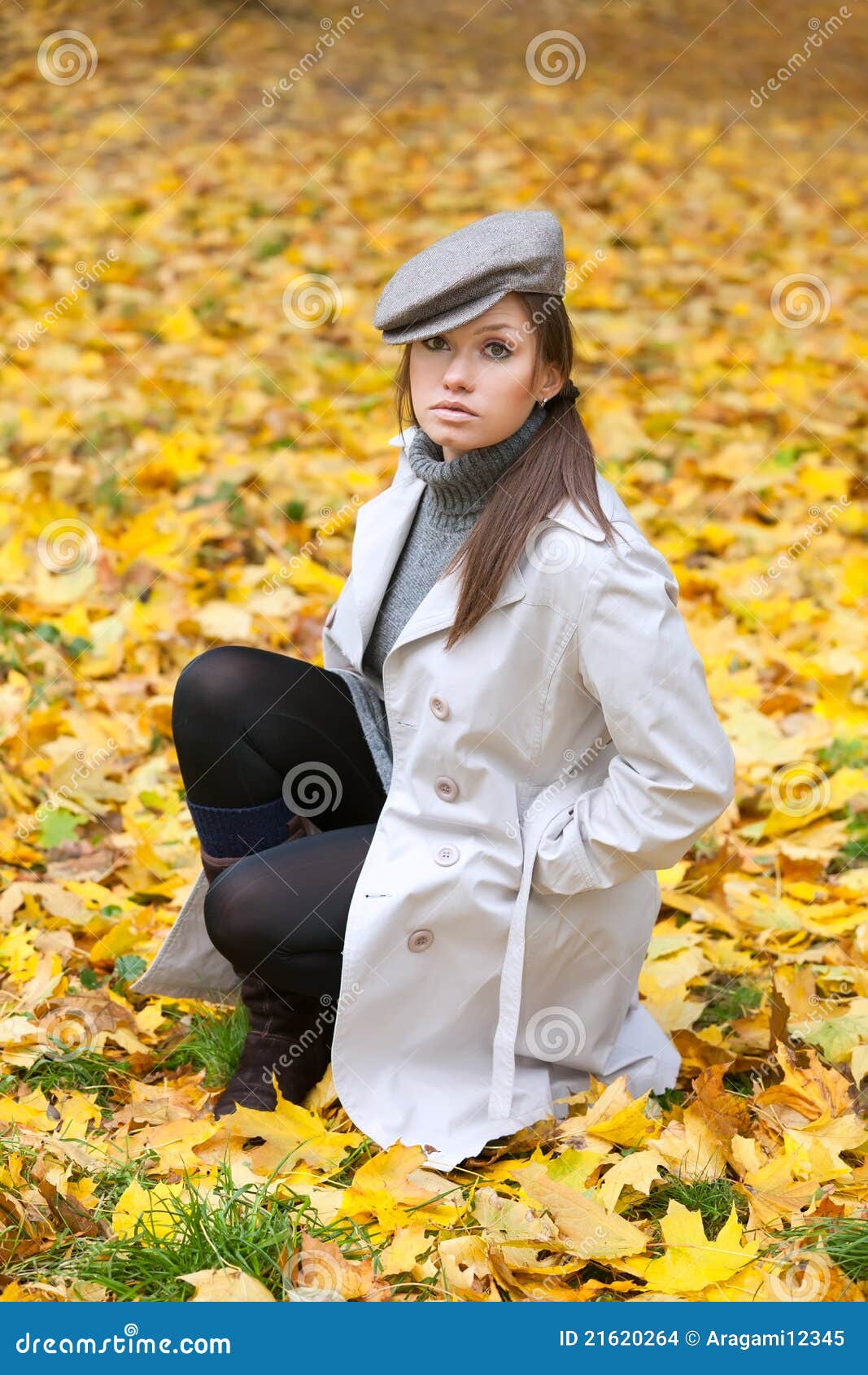 Beautiful Woman in Cap and White Coat Stock Photo - Image of autumn ...
