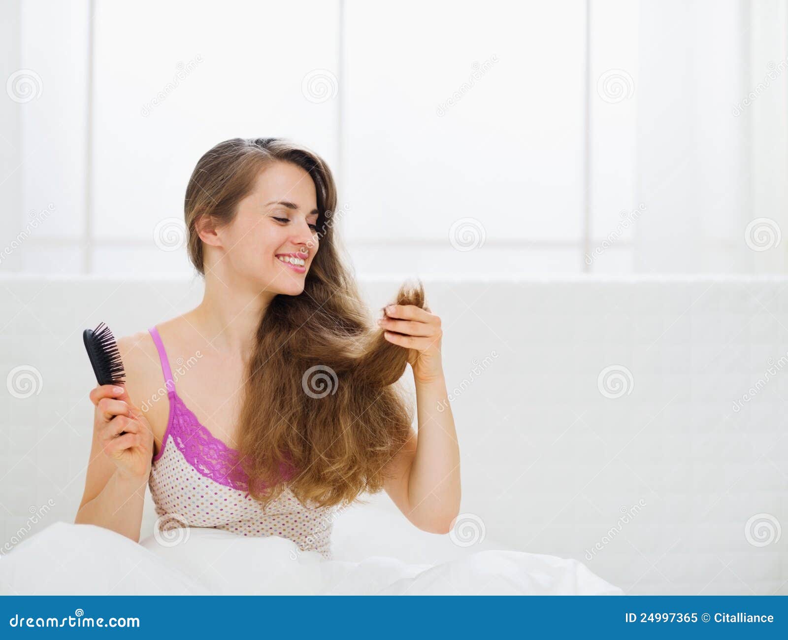Beautiful Woman Checking Hair Ends Stock Image - Image of glad, bedding ...
