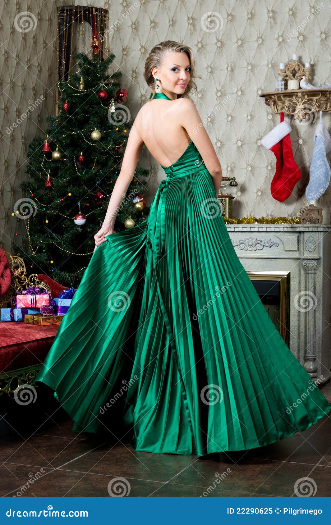 Beautiful Woman at the Christmas Tree. Stock Image - Image of hair ...