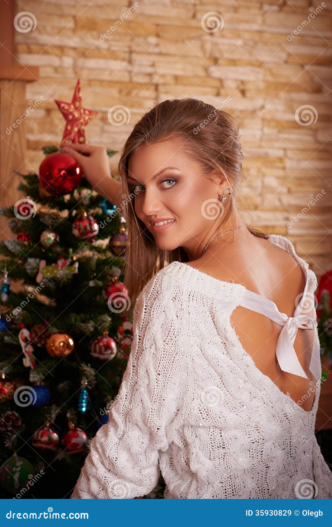 Beautiful Woman and Christmas Tree Stock Image - Image of celebration ...