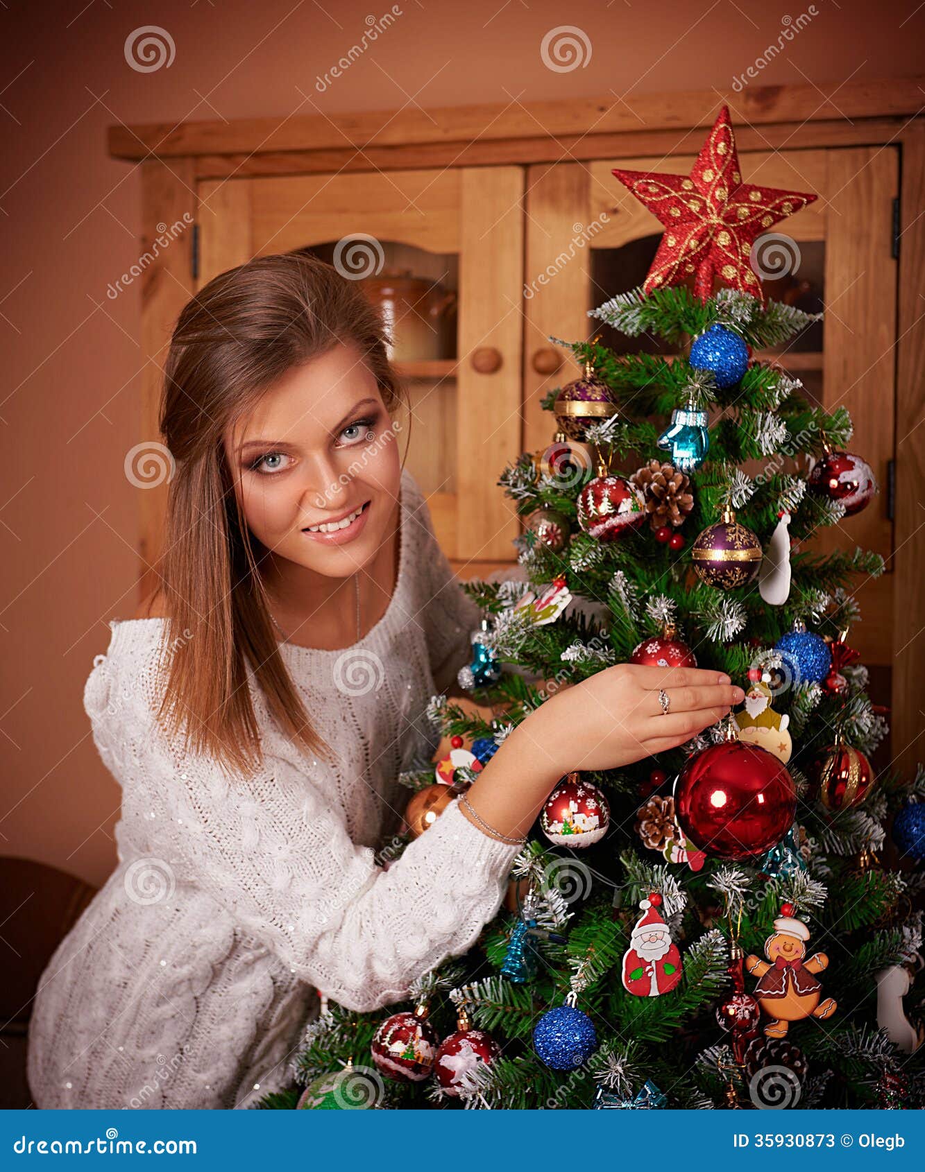Beautiful Woman and Christmas Tree Stock Image - Image of christmas ...