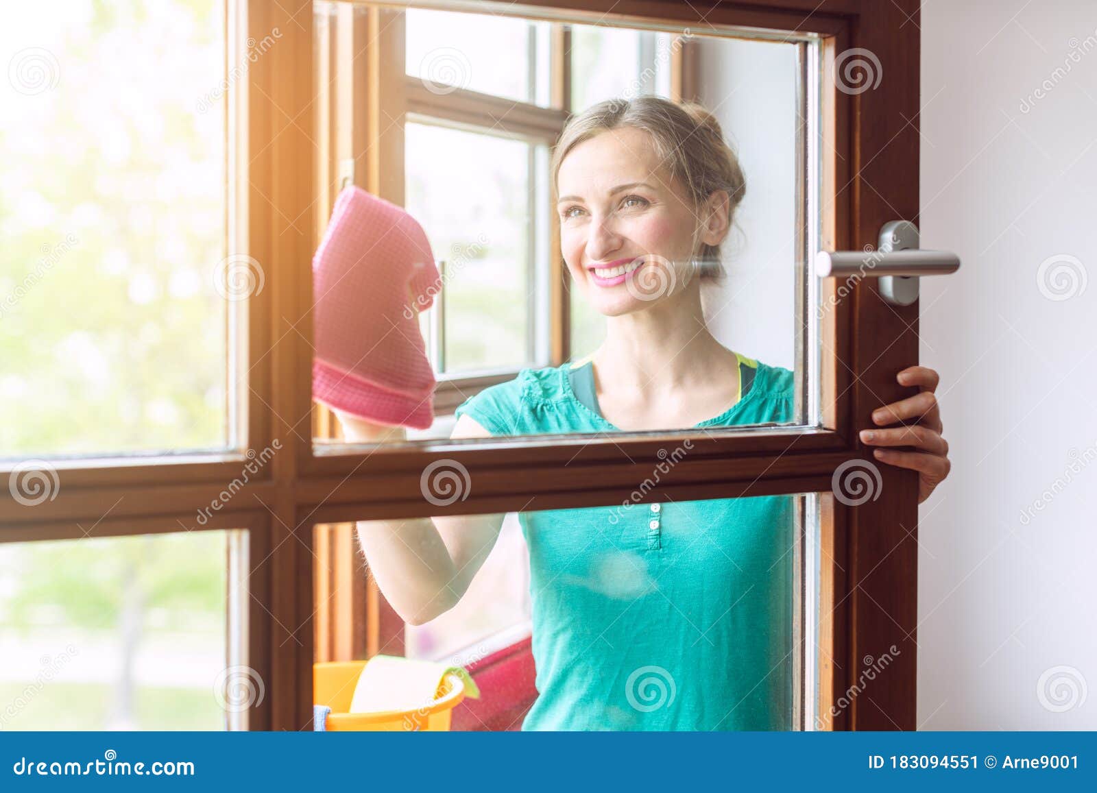 Beautiful Woman Cleaning the Windows in Spring Stock Image - Image of ...
