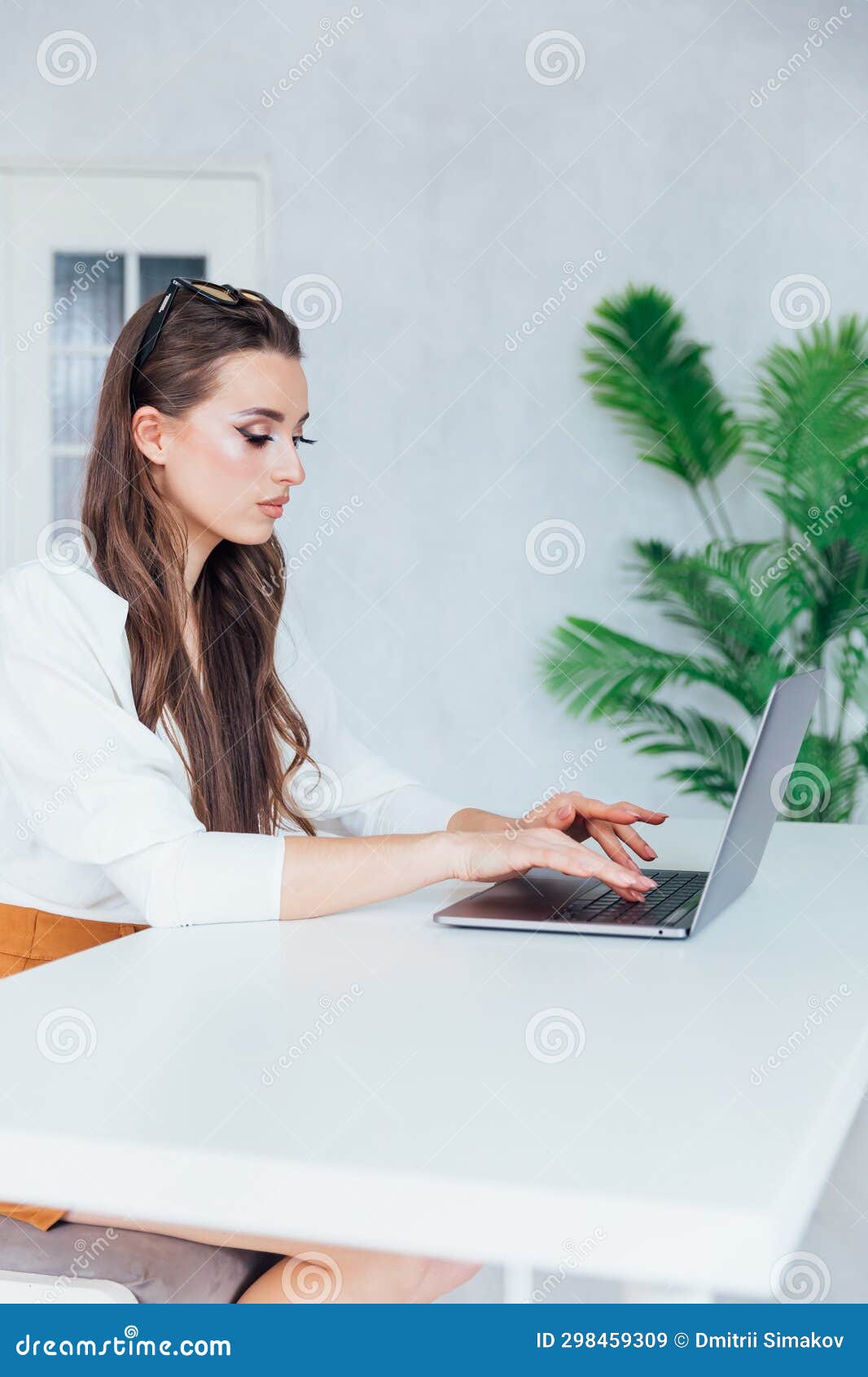 Beautiful Young Woman at Computer in Office Stock Image - Image of ...
