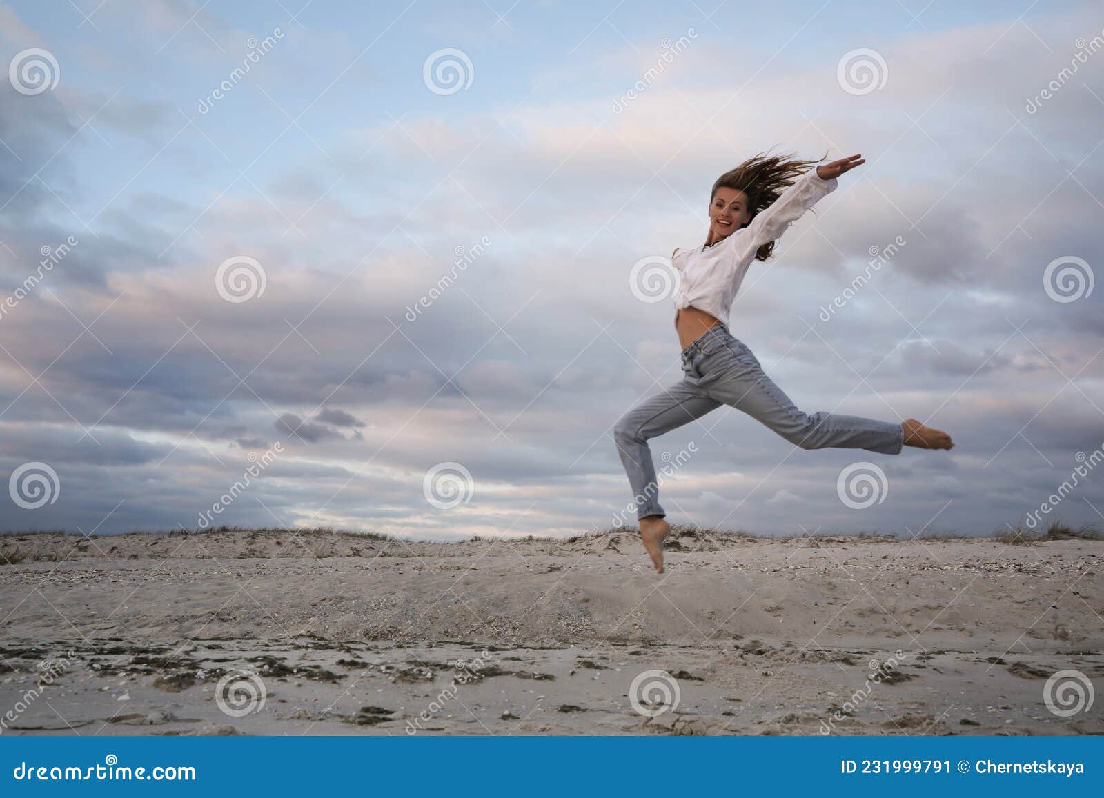 Beautiful Woman Dancing on Beach at Sunset Stock Image - Image of ...