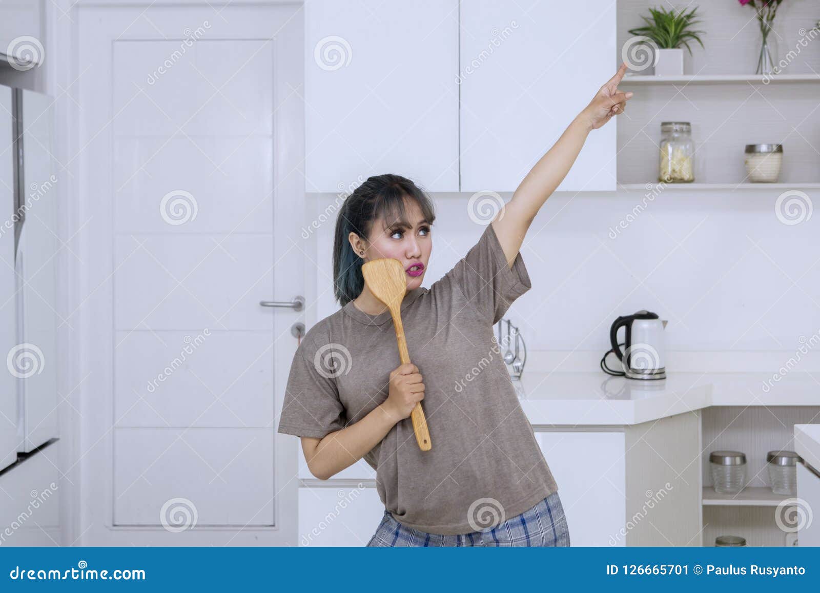 Beautiful Woman Dancing And Singing In Kitchen Stock Image Image Of