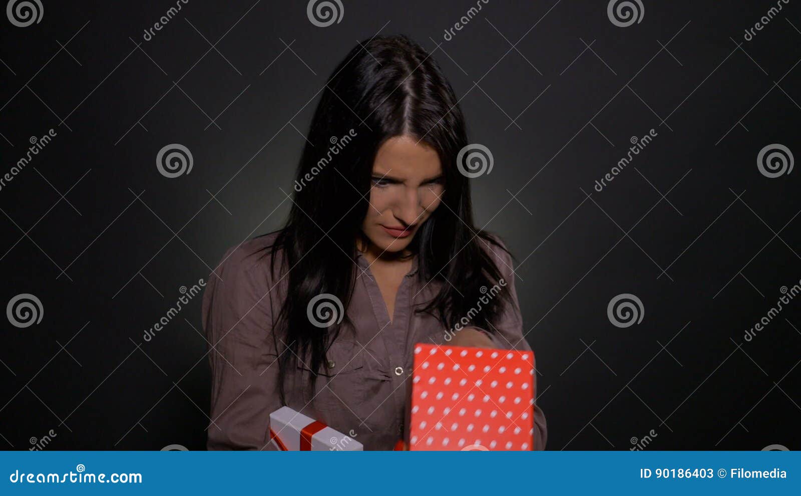 Beautiful Woman Disappointed when Opening a Gift Box Stock Video ...