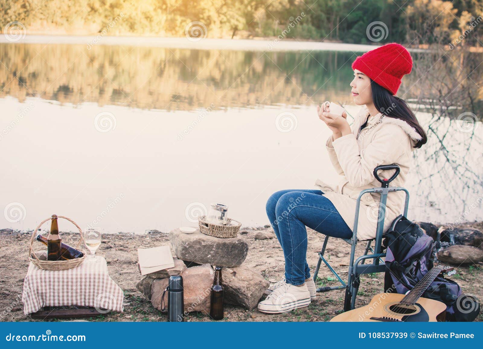 Beautiful Woman Drinking Coffee during Camping Stock Image - Image of ...