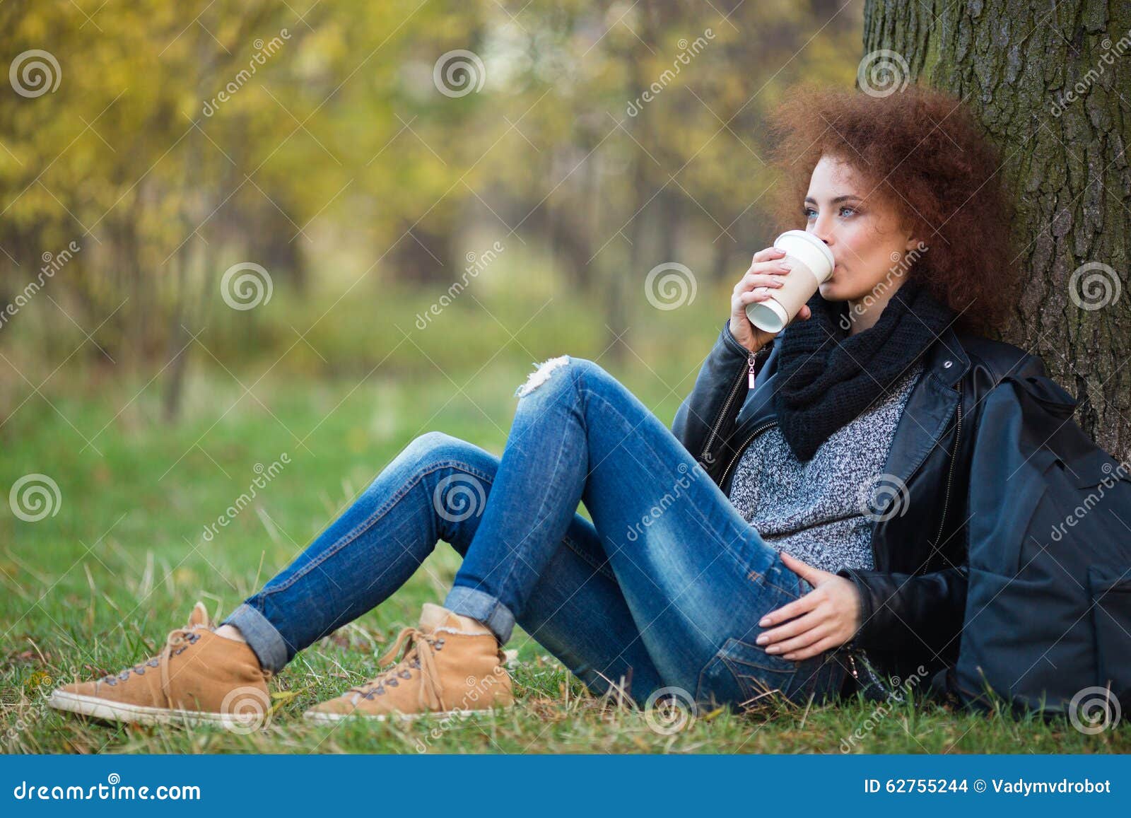 Beautiful Woman Drinking Coffee Under Tree Stock Photo - Image of ...