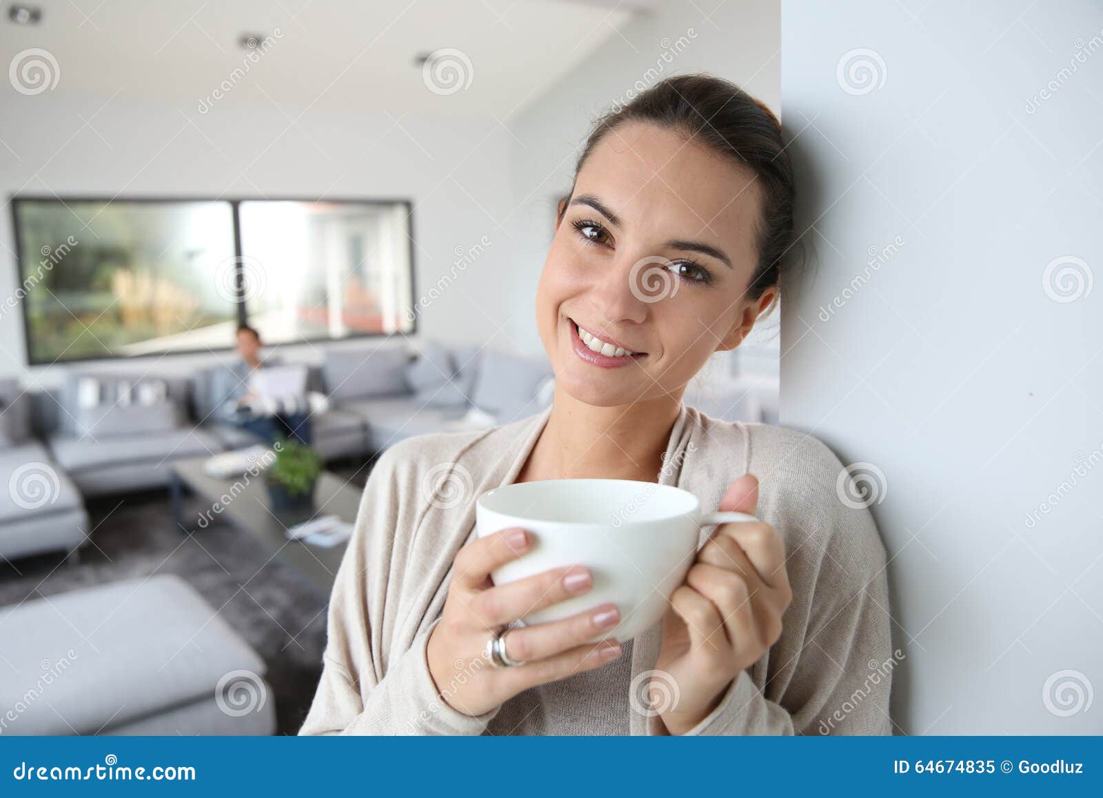 Beautiful Woman Drinking Tea at Home Stock Image - Image of comfortable ...
