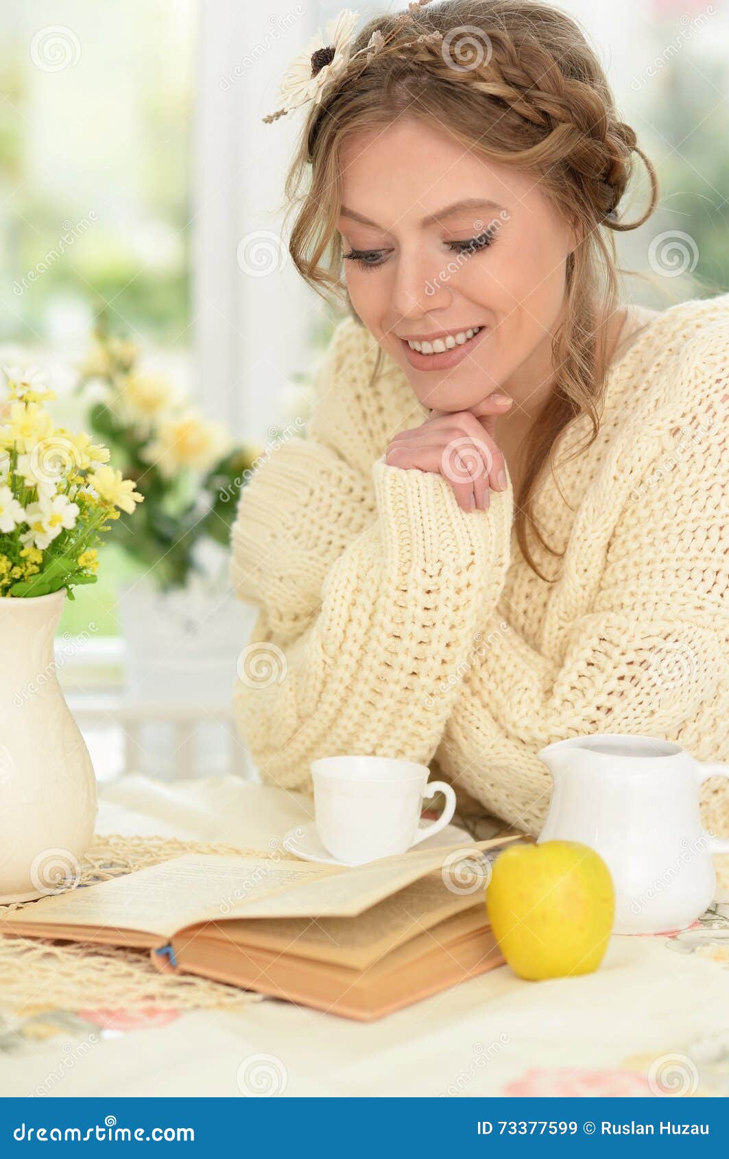 Beautiful Woman Drinking Tea Stock Image - Image of eyes, kitchen: 73377599