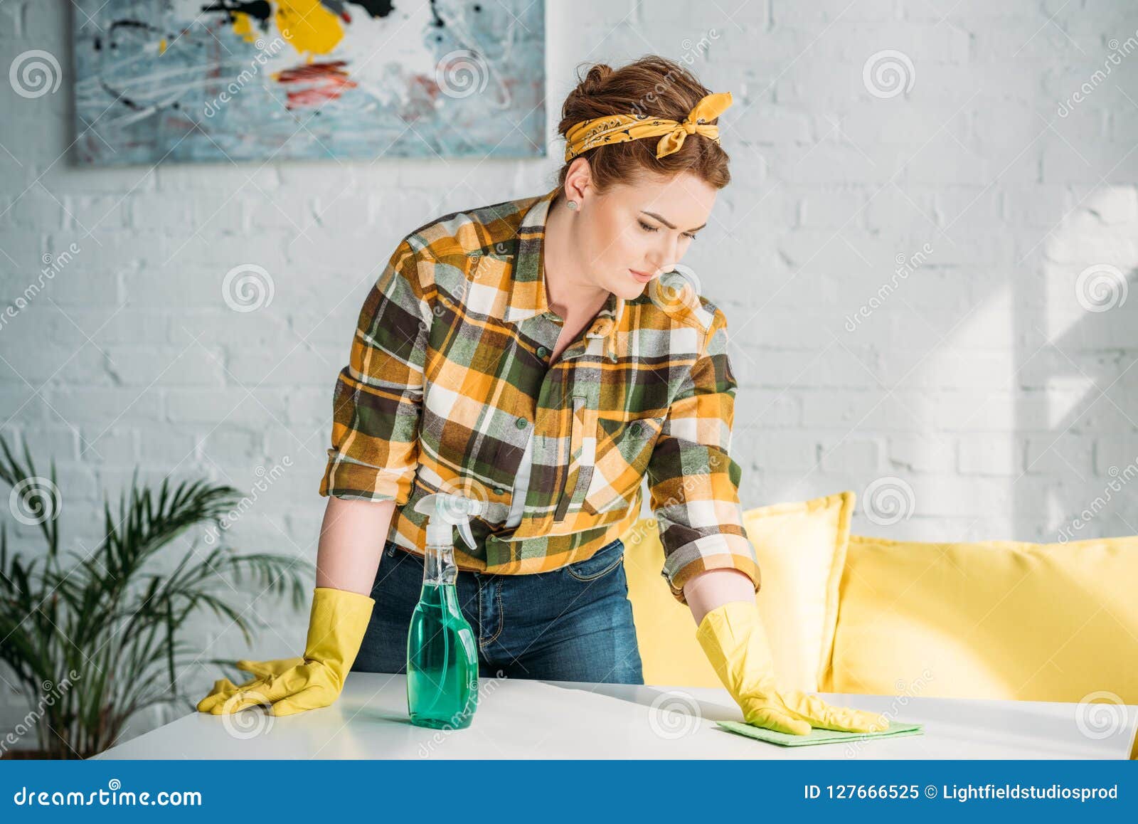 Beautiful Woman Dusting Table Stock Image - Image of casual, livingroom ...