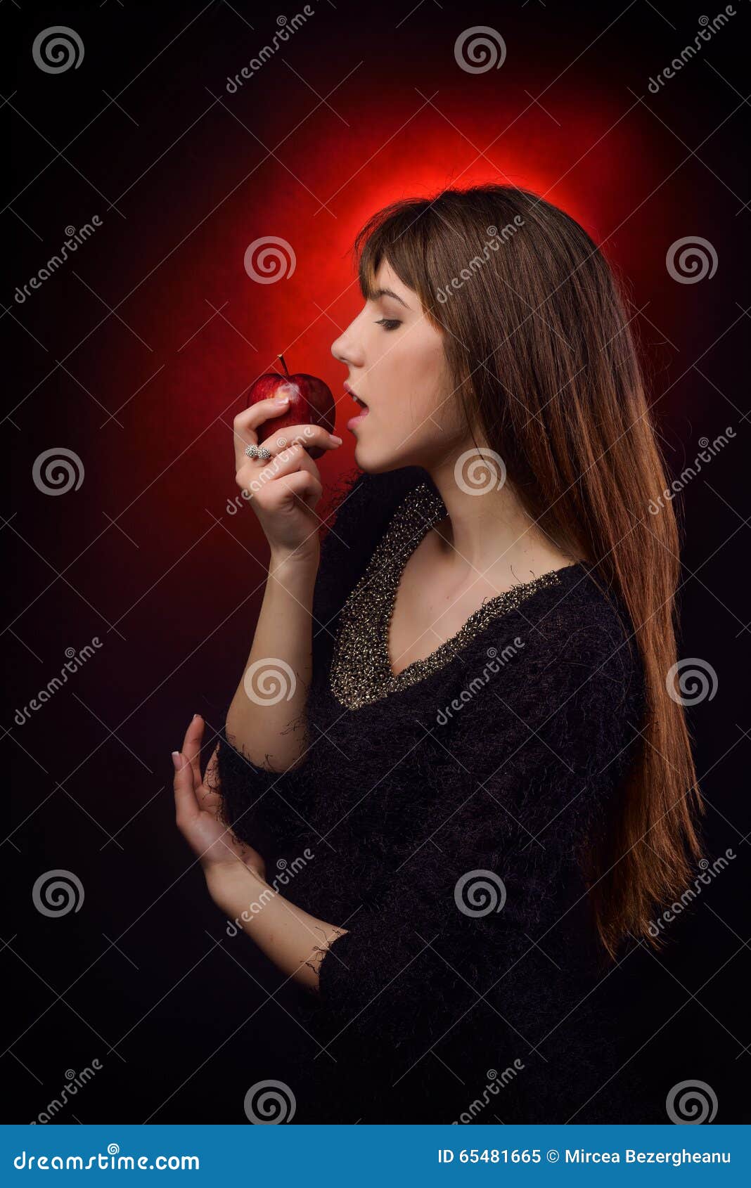 Beautiful Woman Eating Apple Stock Image - Image of model, mysterious ...