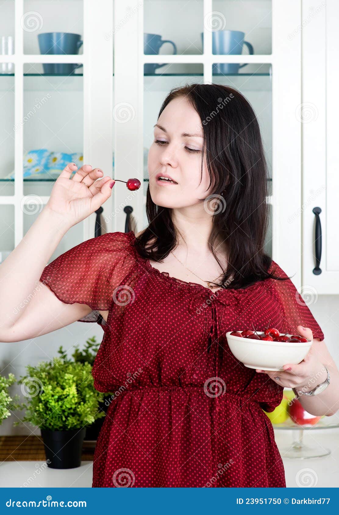Beautiful Woman Eating Cherry Stock Photo - Image of cherry, apartment ...