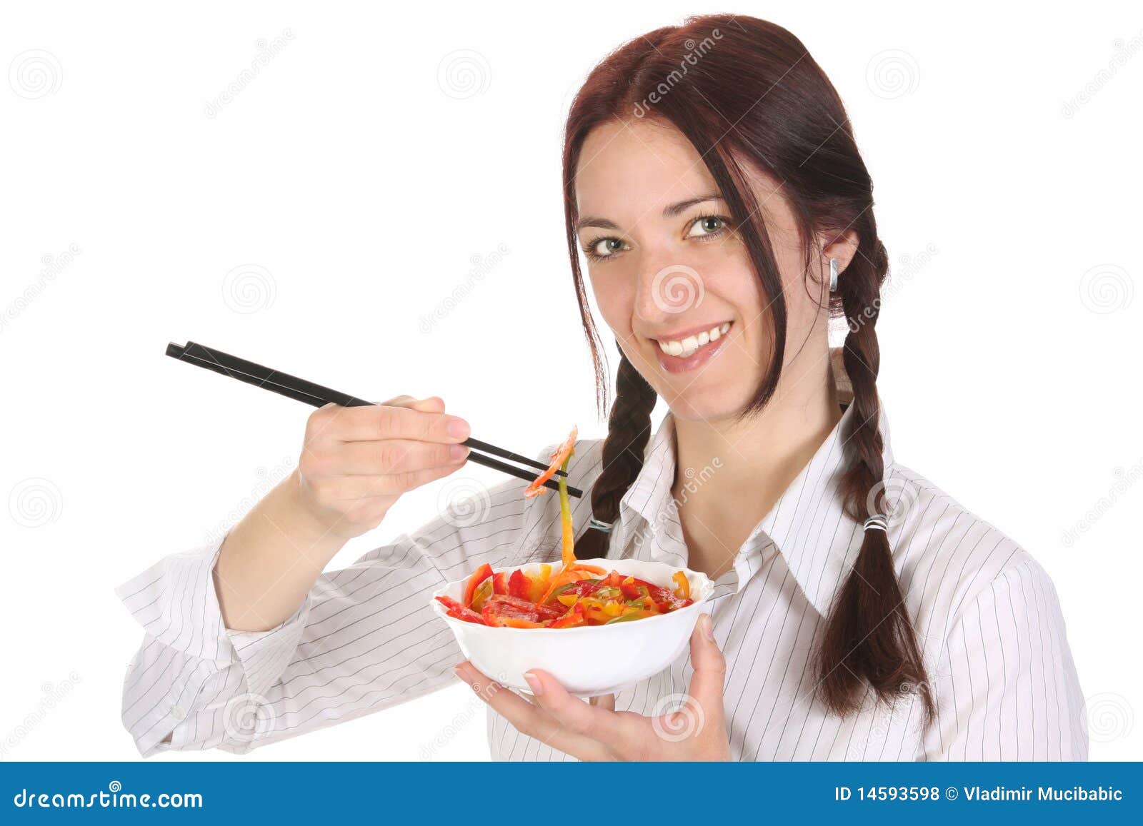 Beautiful Woman Eating with Chopsticks Stock Photo - Image of people ...