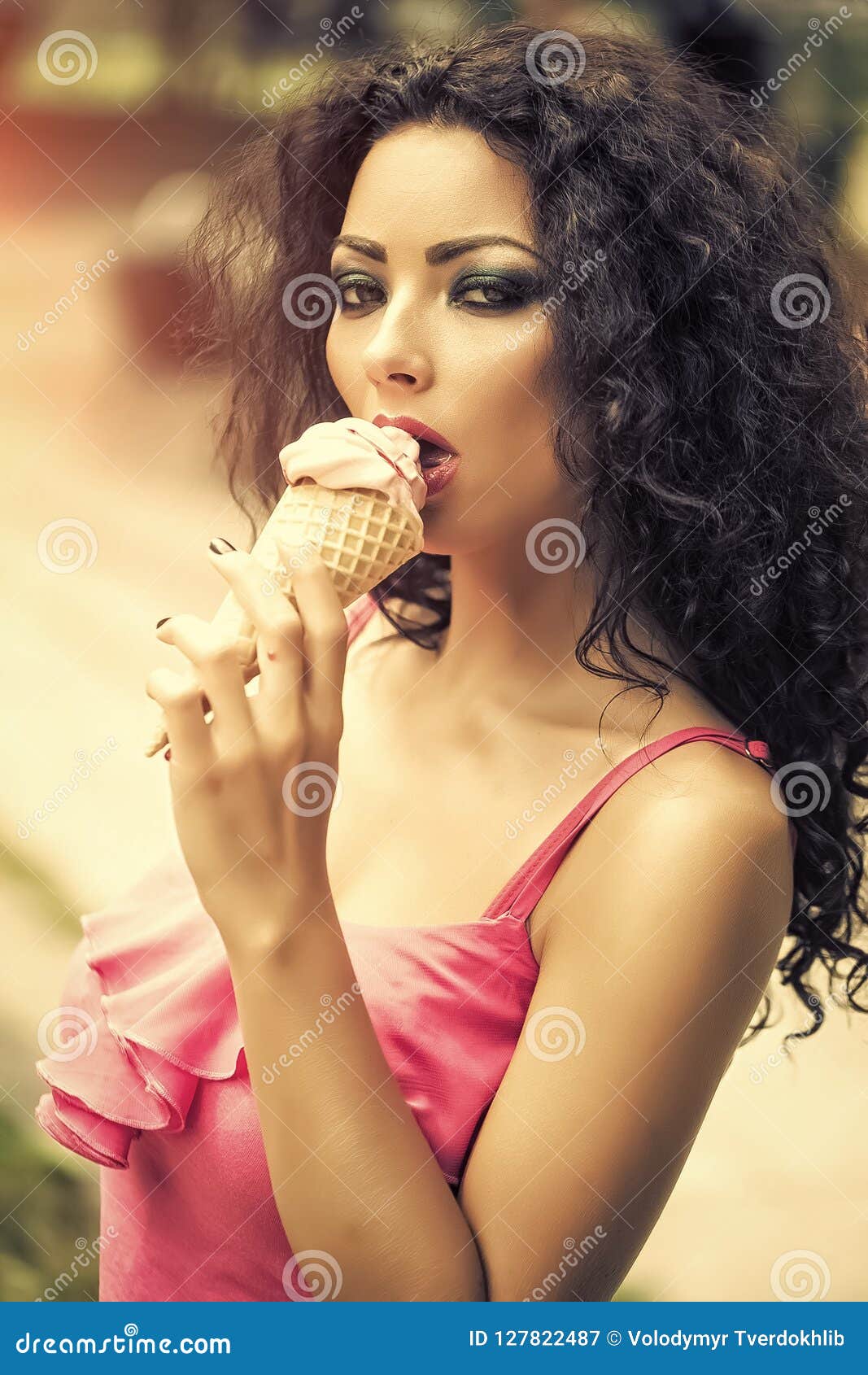 Beautiful Woman Eating Ice Cream Stock Image Image Of Emotion