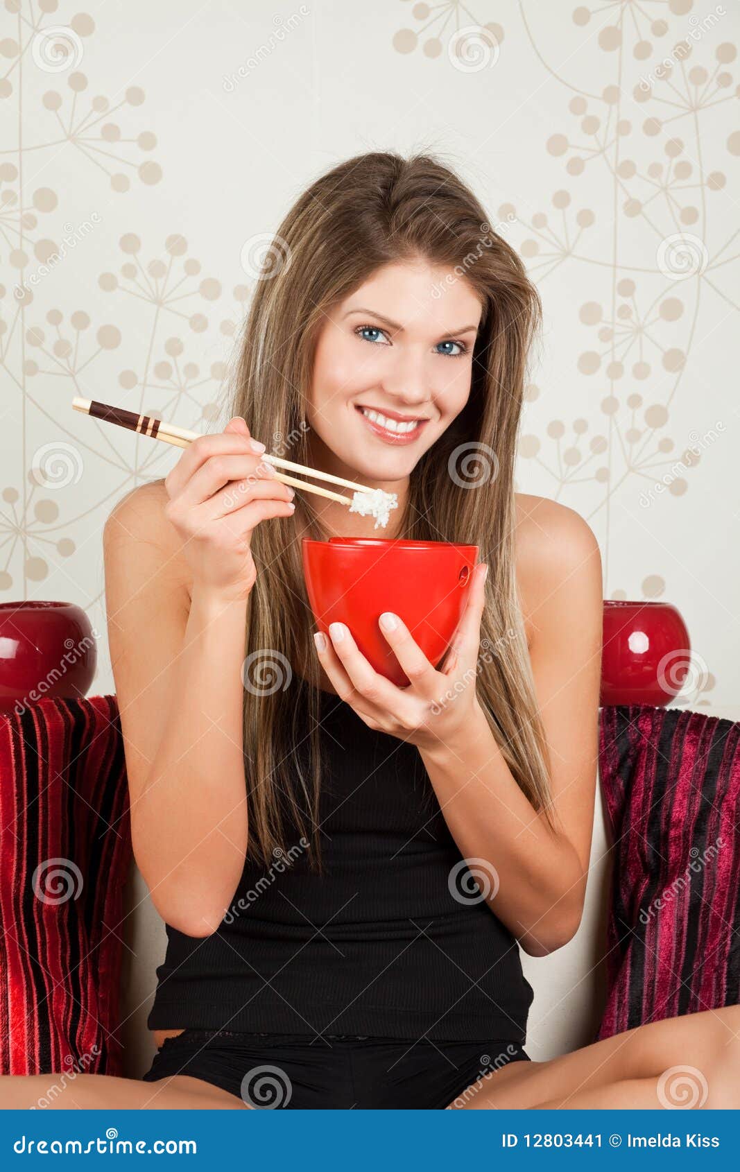 Beautiful Woman Eating Rice with Sticks Stock Image - Image of natural ...