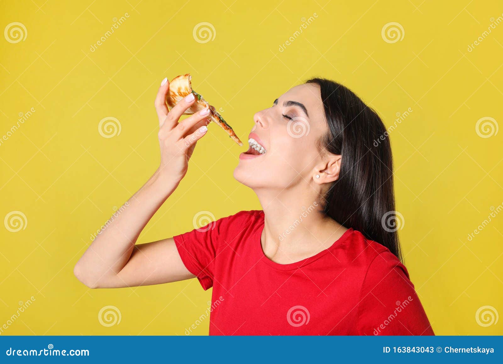 Beautiful Woman Eating Tasty Pizza On Background Stock Image Image Of