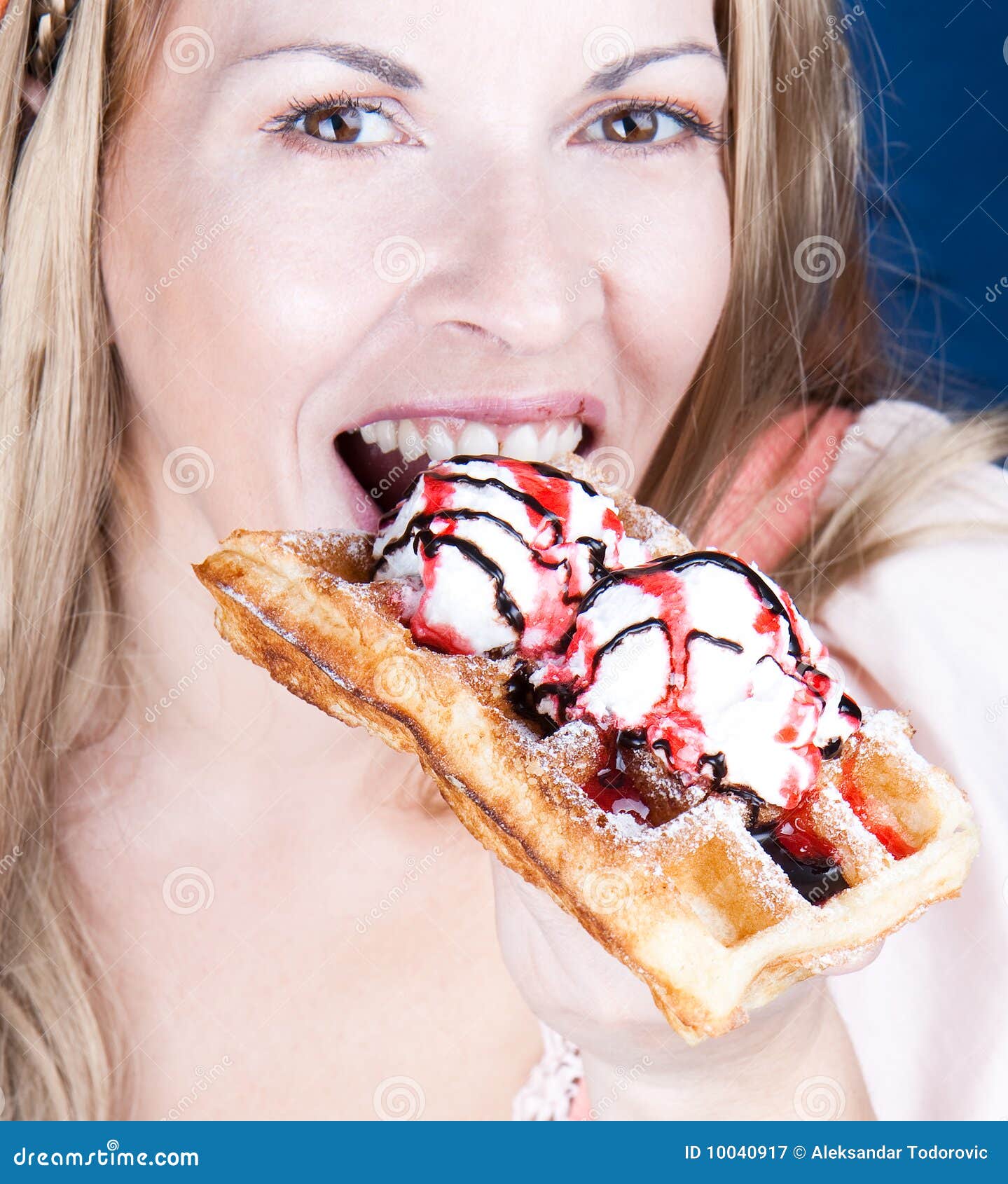 Beautiful Woman Eating a Waffle with Ice-cream Stock Image - Image of ...