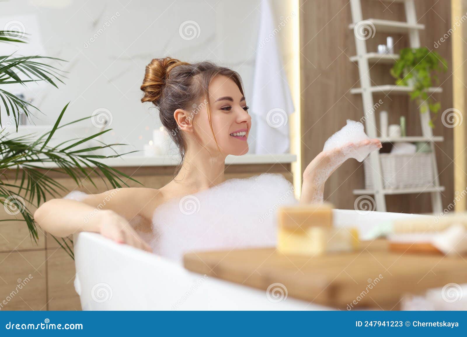 Beautiful Woman Enjoying Bubble Bath At Home Stock Image Image Of