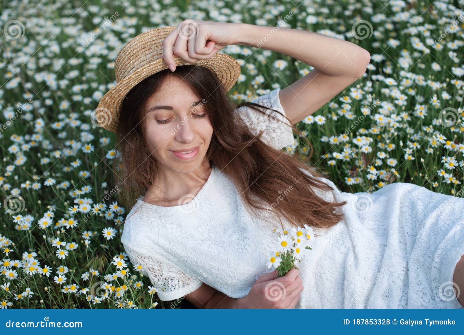 Beautiful Woman Enjoying Chamomile Field Nice Female Lying Down In The
