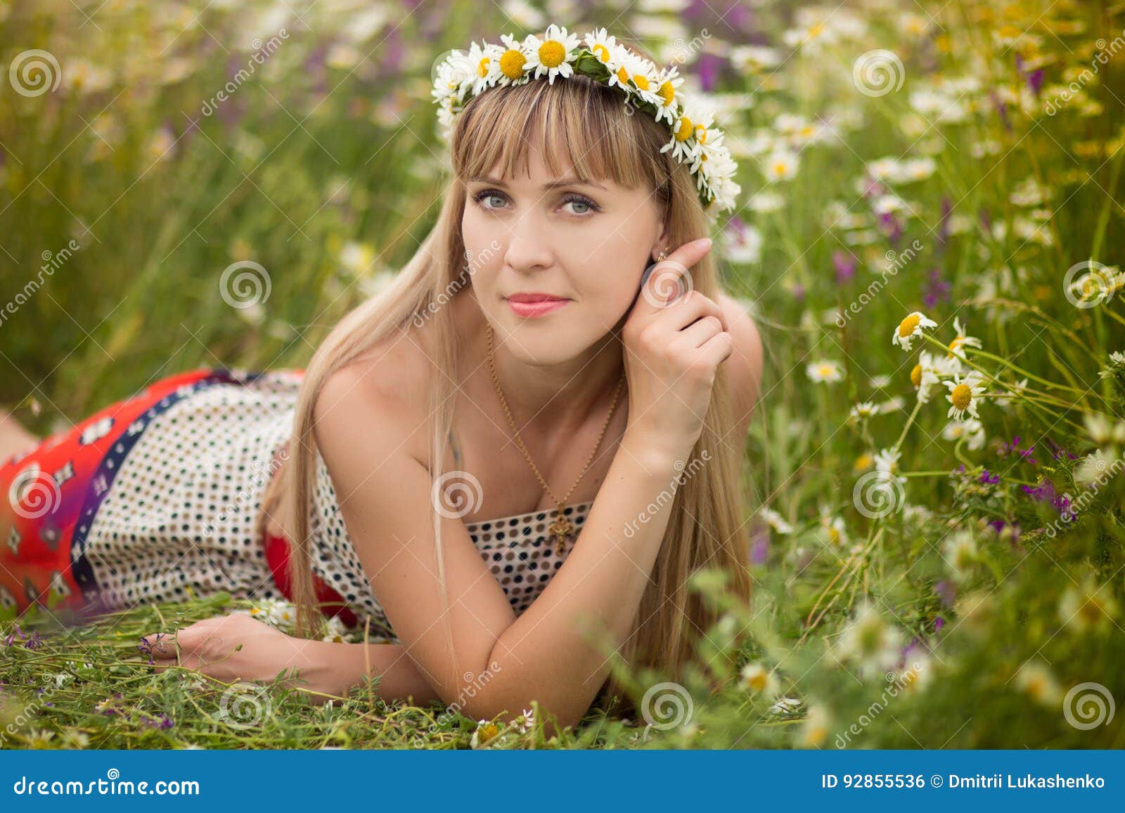 Beautiful Woman Enjoying Daisy Field Nice Female Lying Down In Meadow