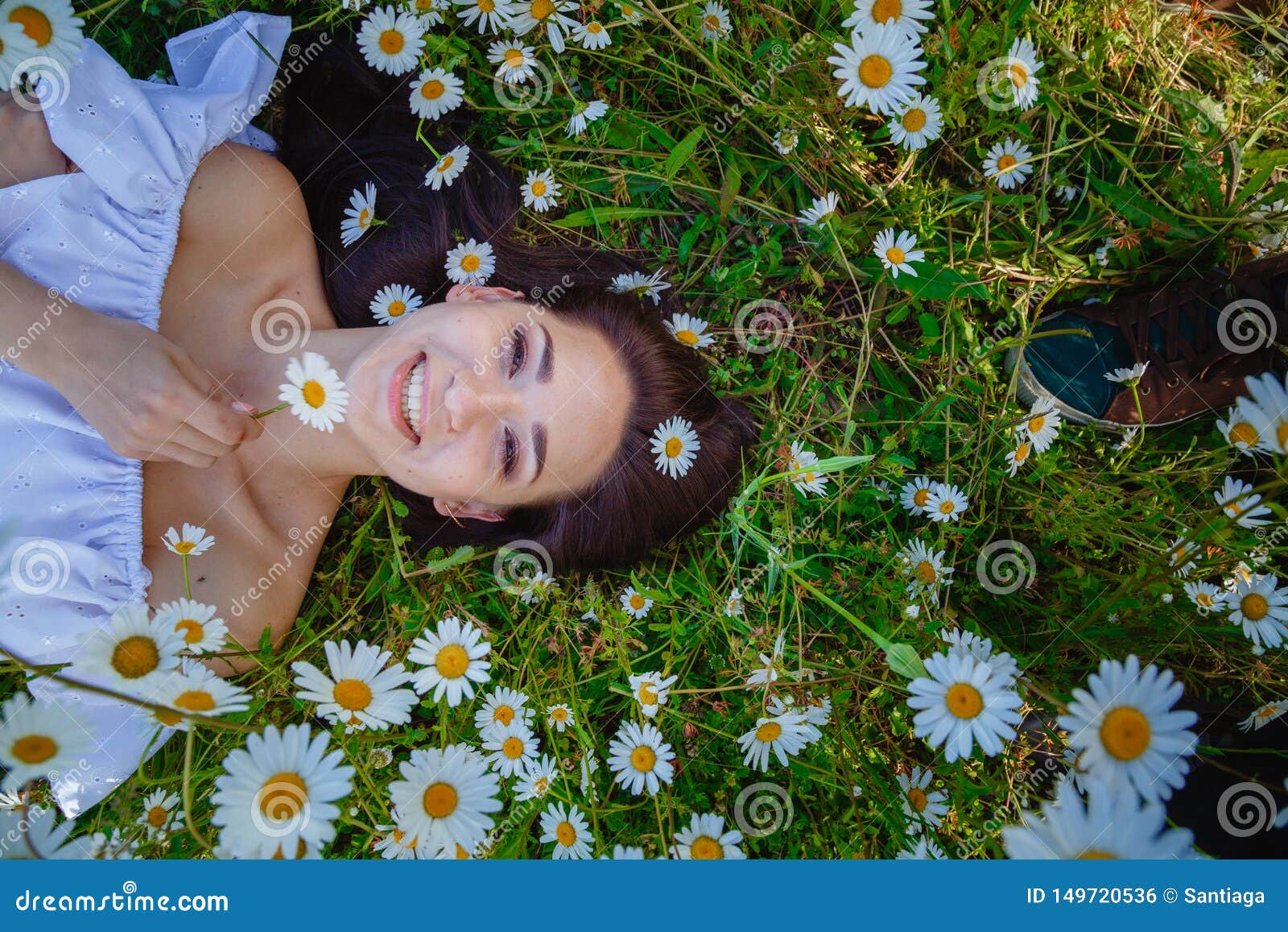 Beautiful Woman Enjoying Daisy Field Nice Female Lying Down In Meadow
