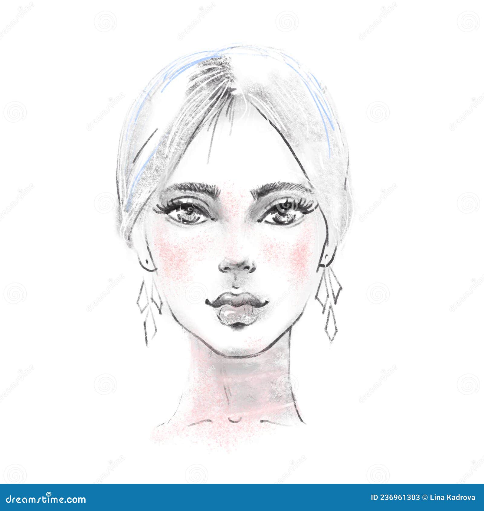Beautiful Woman Face Black And White Pencil Watercolor Drawing Sketch