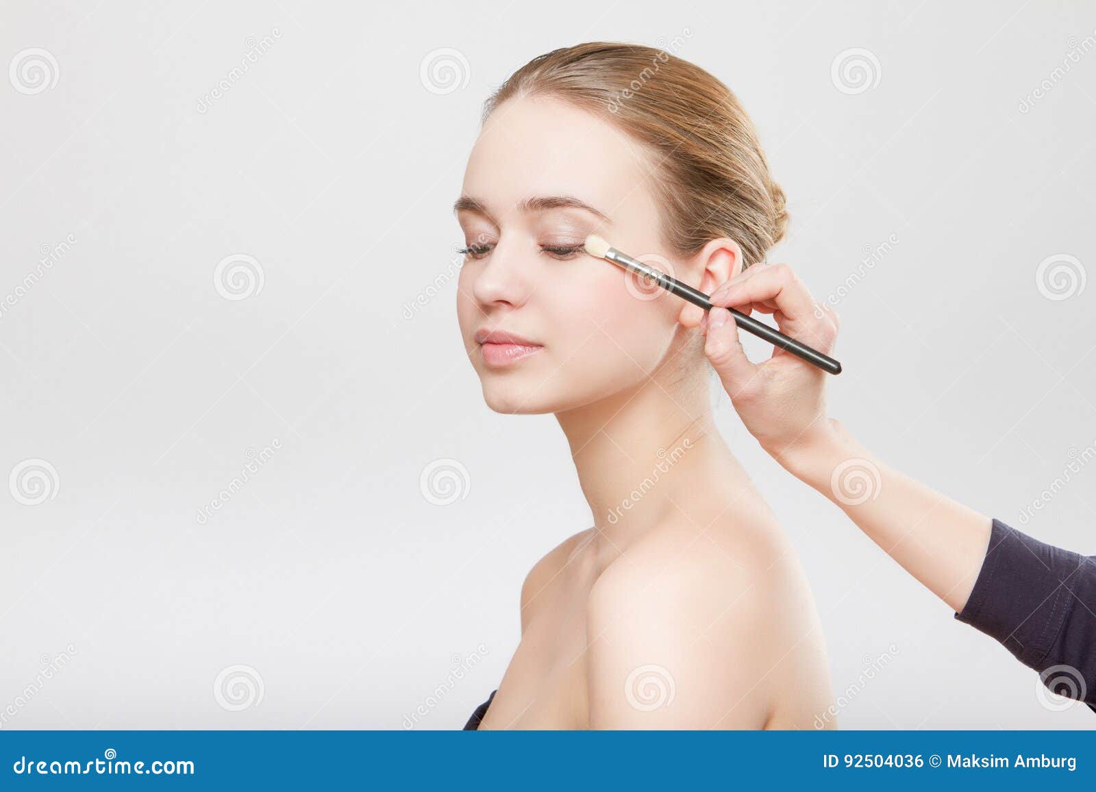 Beautiful Woman Face Close Up Studio on Grey Makeup Process Stock Photo ...