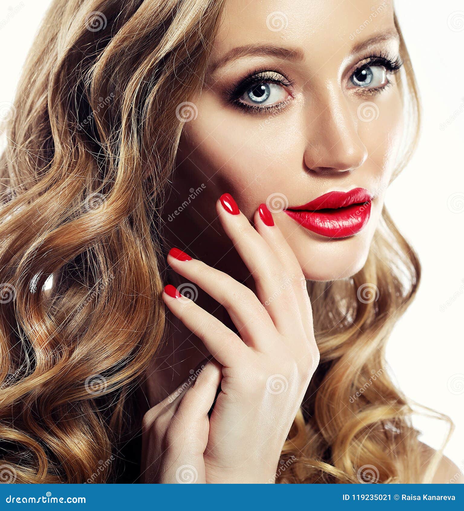 Beautiful Woman Face Closeup With Long Blond Hair And Vivid Red