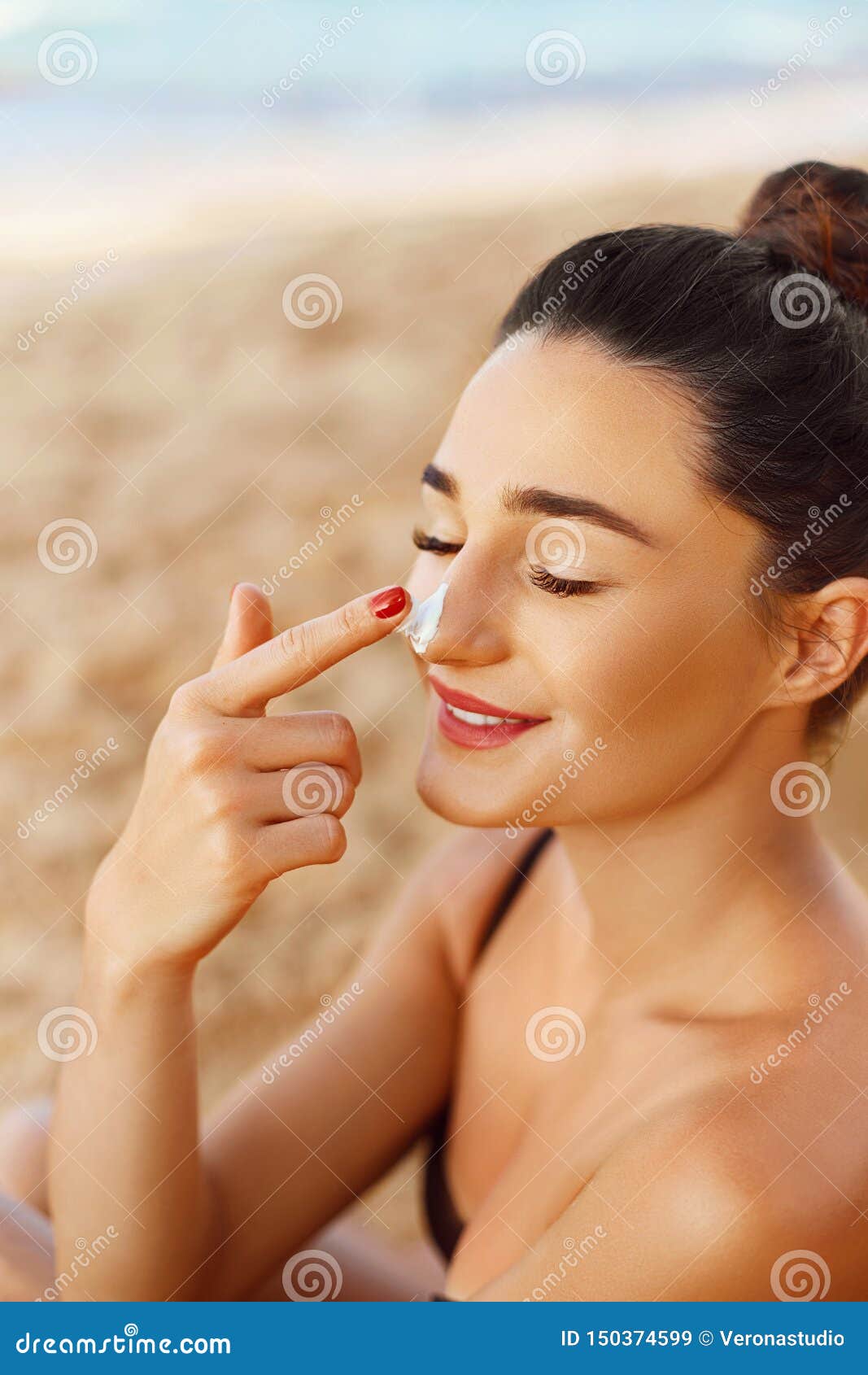 Beautiful Woman Face Portrait Beauty Skin Care Concept Suncream