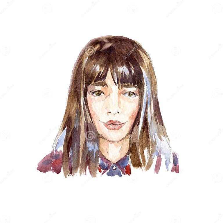 Beautiful Woman Face Portrait Watercolor Drawing In Freehand Sketch
