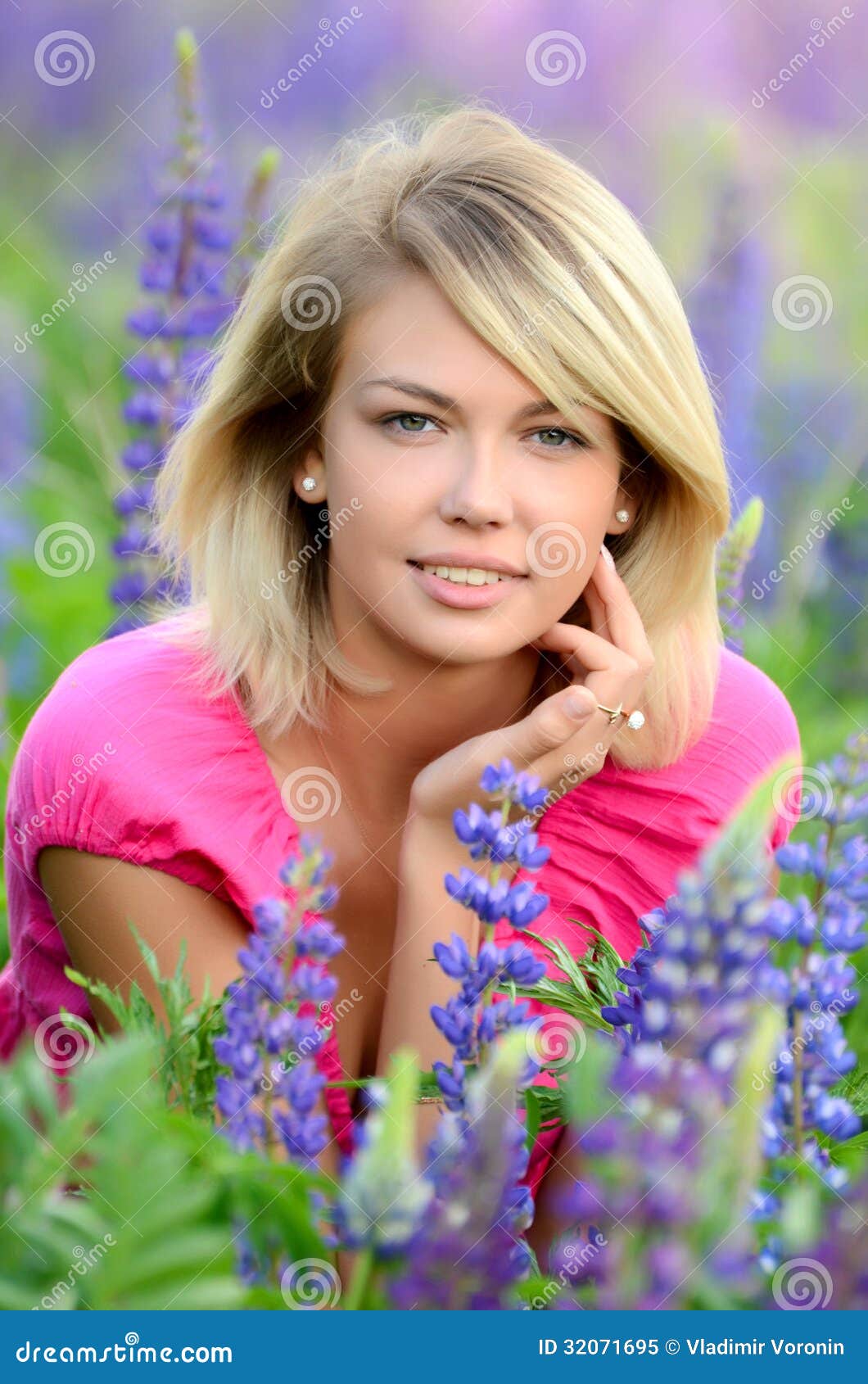 Beautiful Woman in the Field with Lupin Stock Image - Image of happy ...