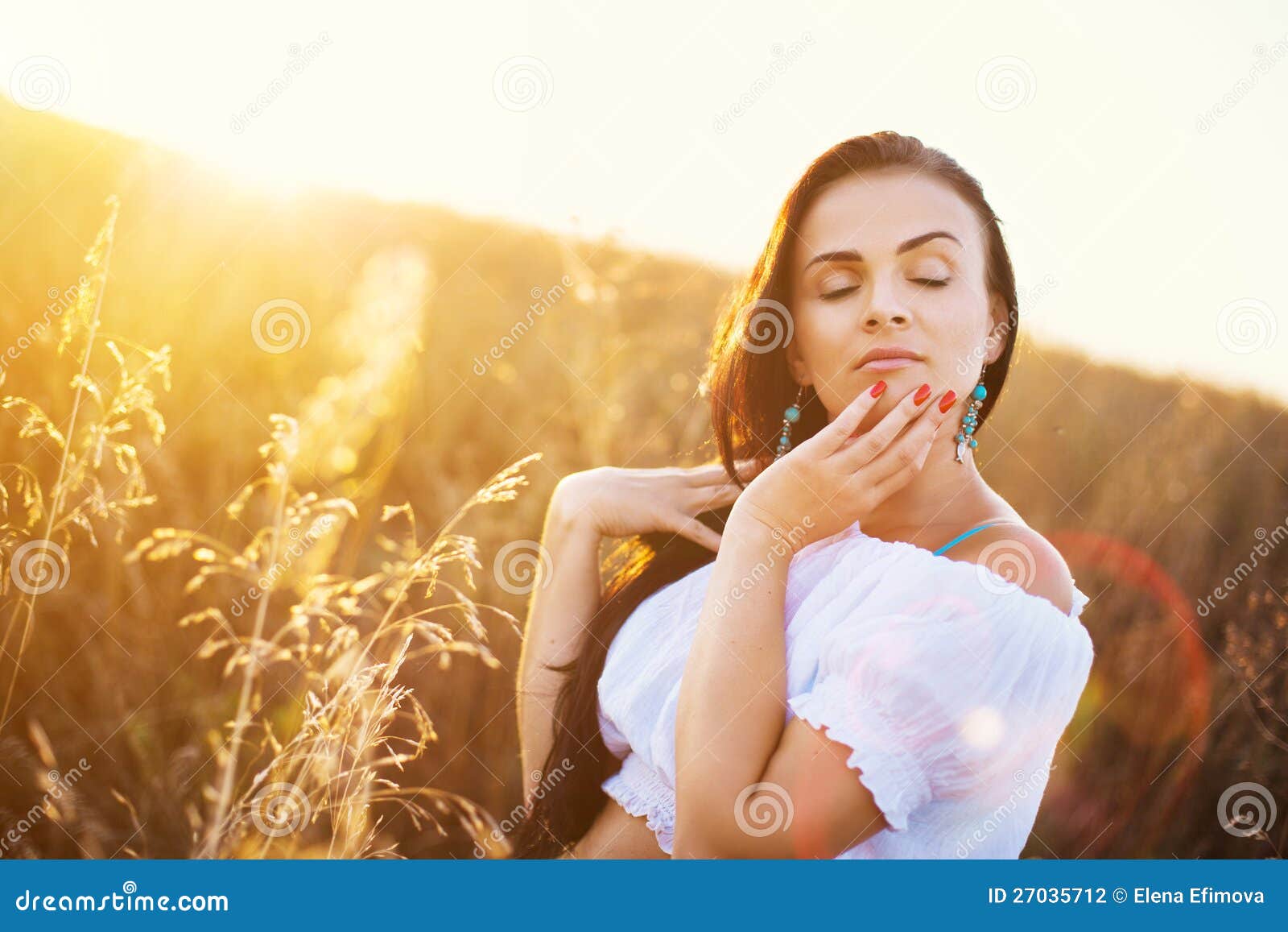 Beautiful Woman in Field at Sunset Stock Photo - Image of happiness ...