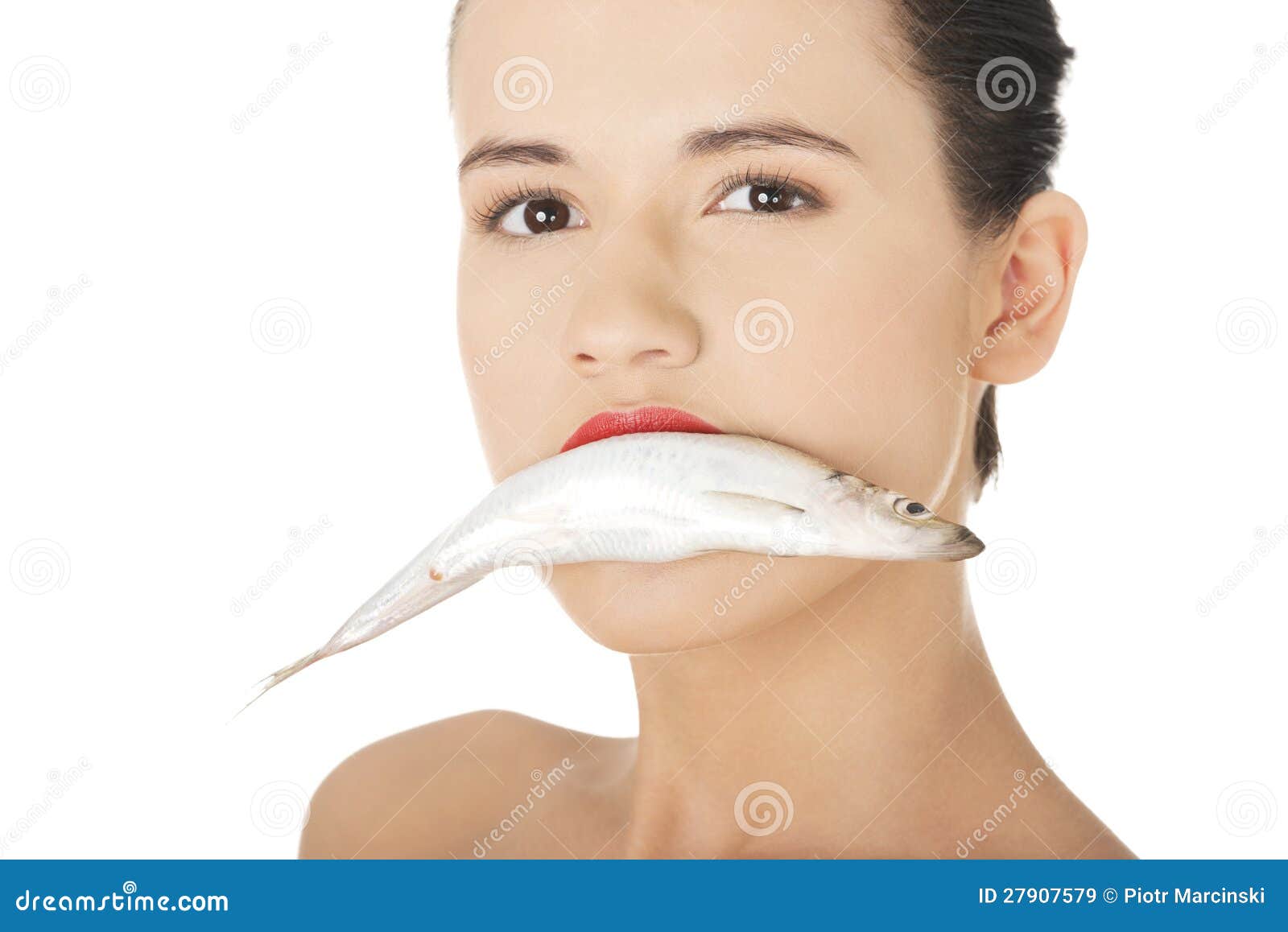 Beautiful Woman with Fish in Her Mouth Stock Image - Image of caucasian ...