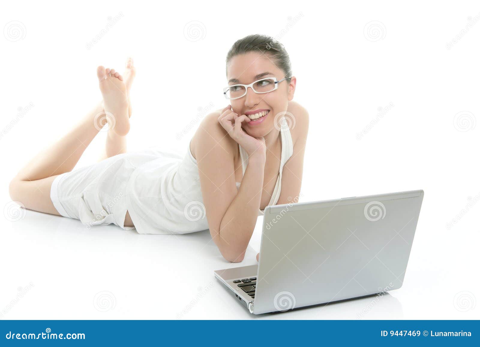Beautiful Woman on Floor with Laptop Computer Stock Image - Image of ...