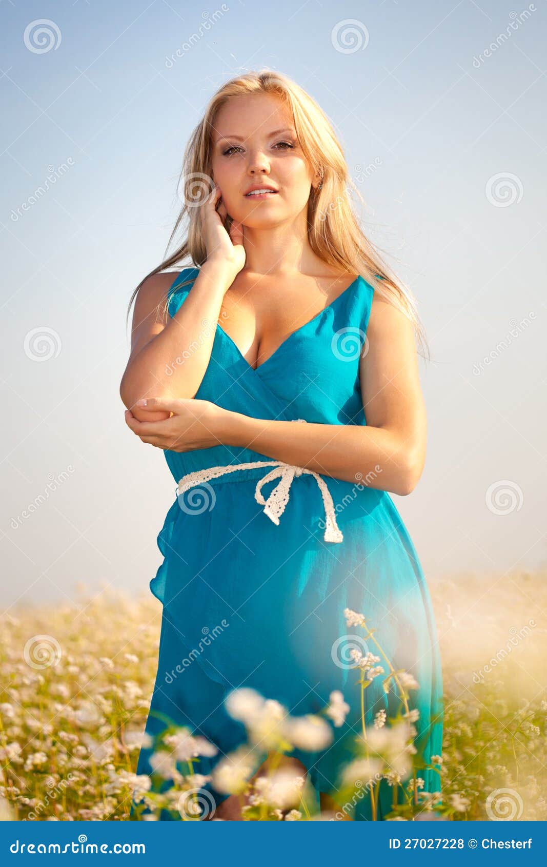 Beautiful Woman on Flower Field Stock Photo - Image of freedom ...