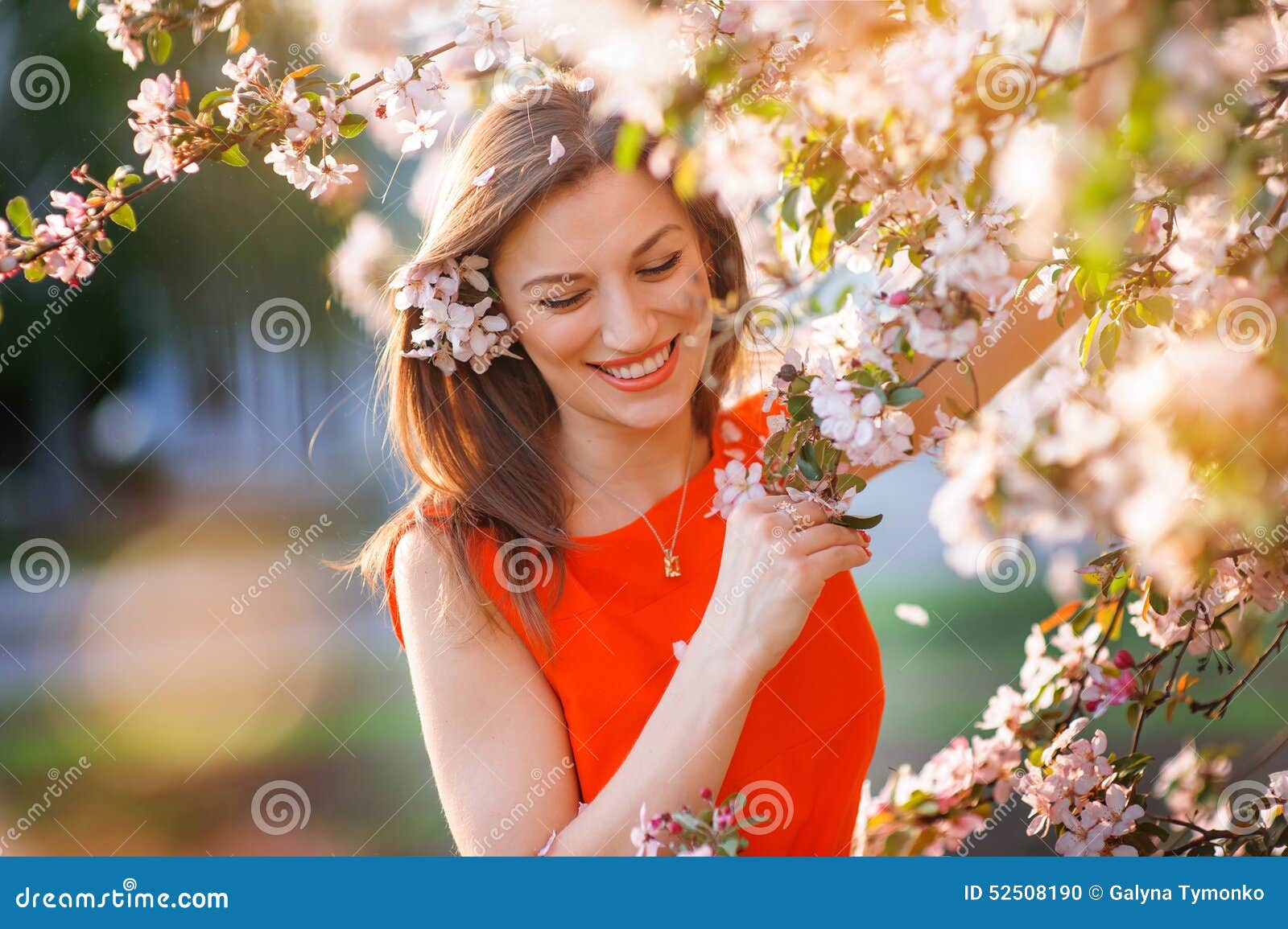 Beautiful Woman in the Flowering Spring Garden Stock Photo - Image of ...