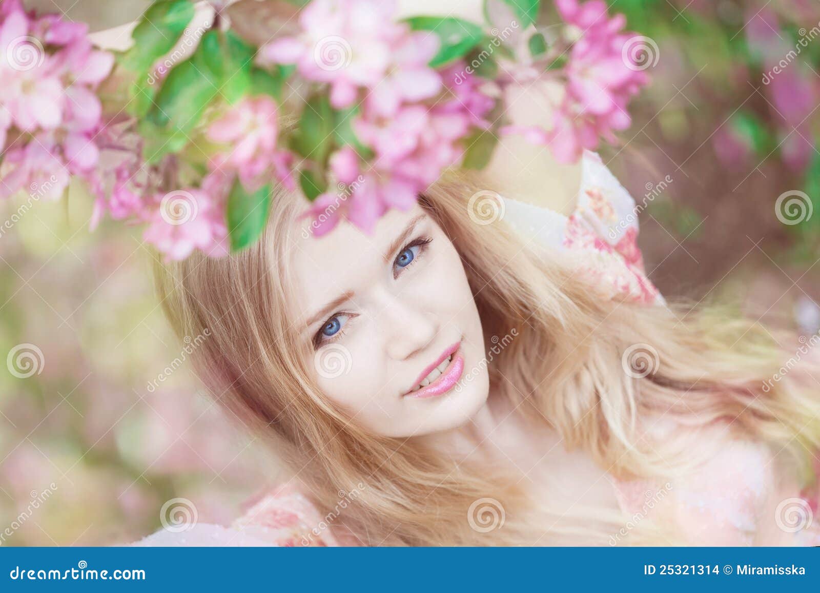 Beautiful Woman and Flowering Tree Stock Photo - Image of girl ...