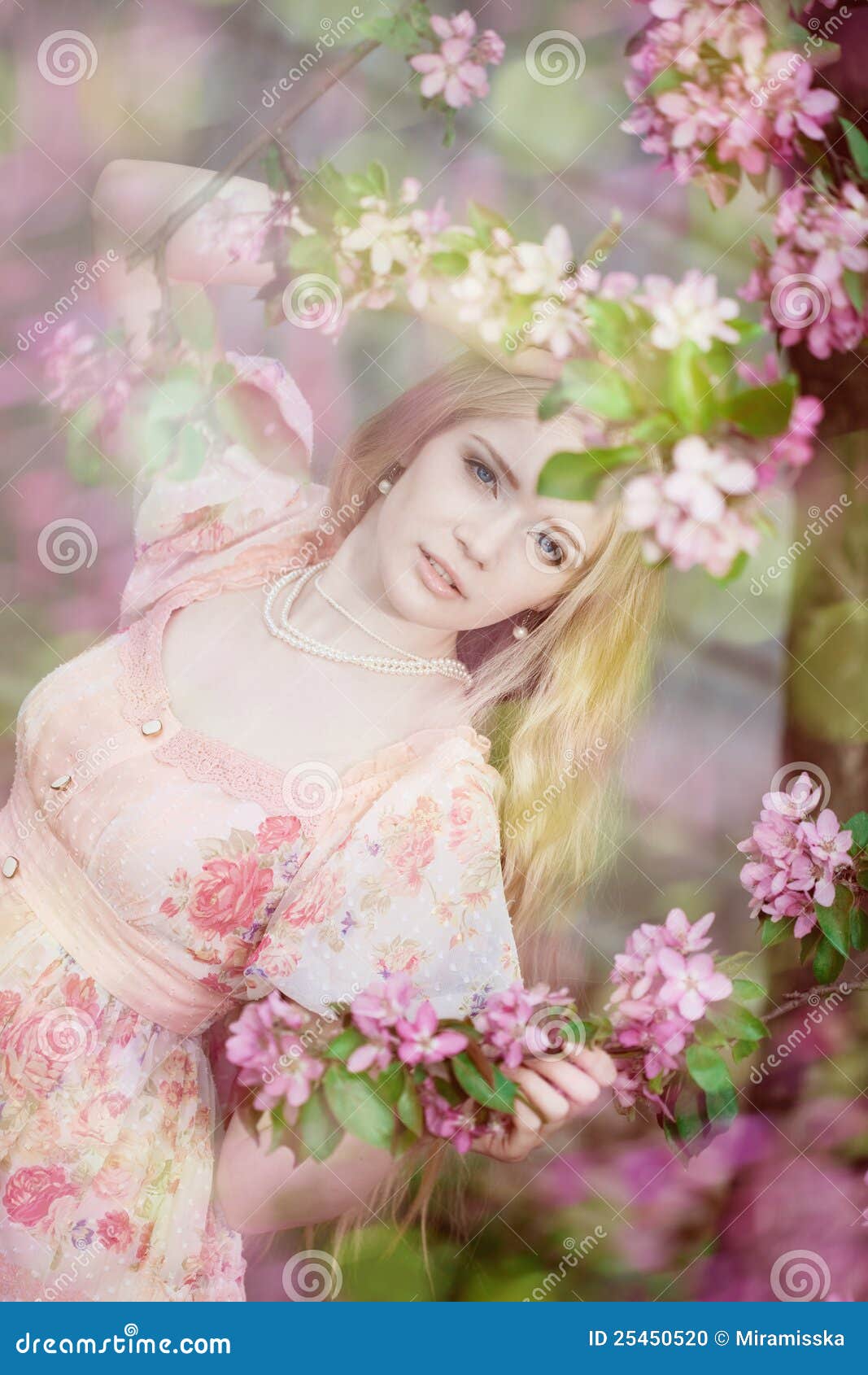 Beautiful Woman and Flowering Tree Stock Photo - Image of freshness ...