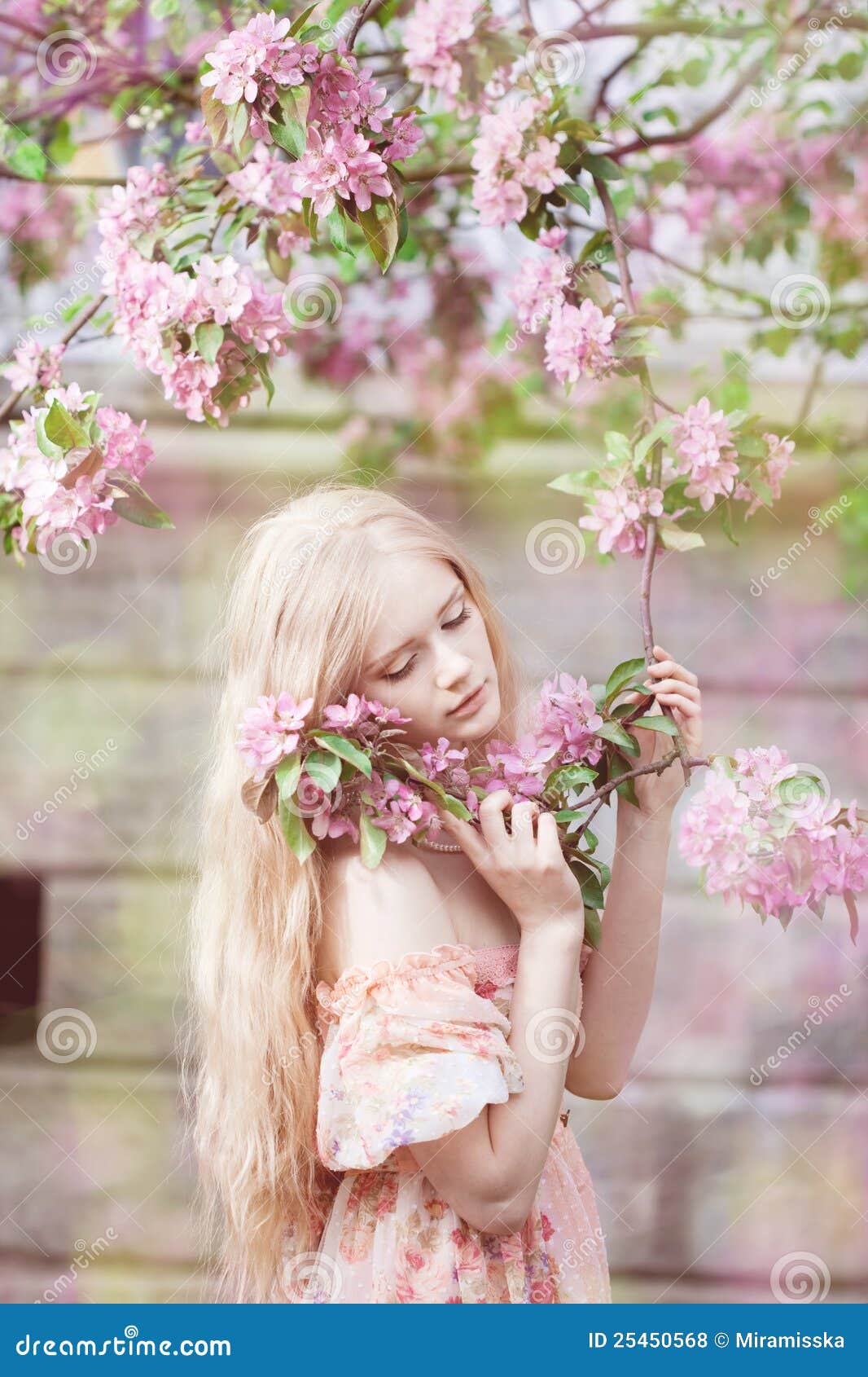 Beautiful Woman and Flowering Tree Stock Photo - Image of freshness ...