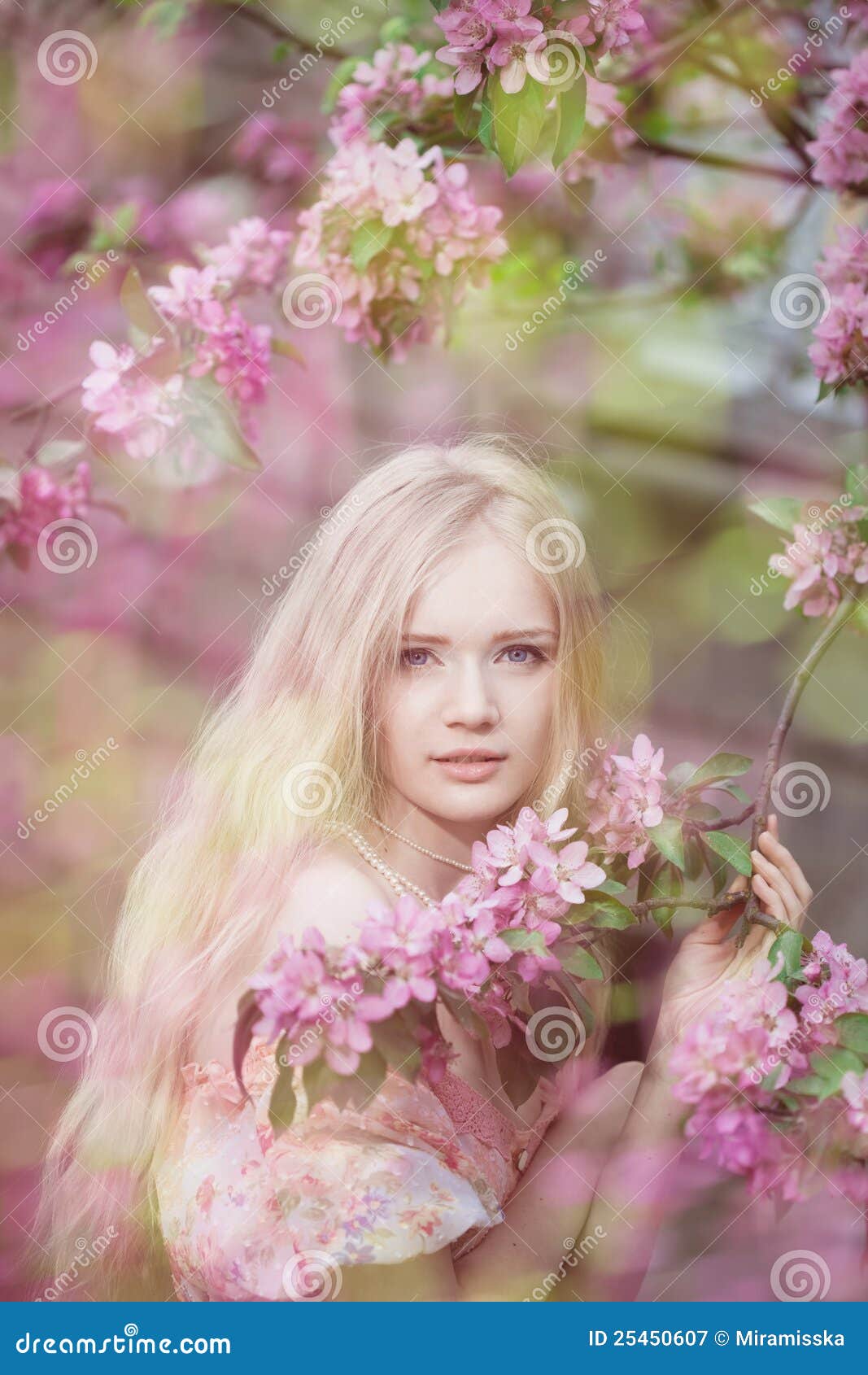 Beautiful Woman and Flowering Tree Stock Image - Image of breakfast ...