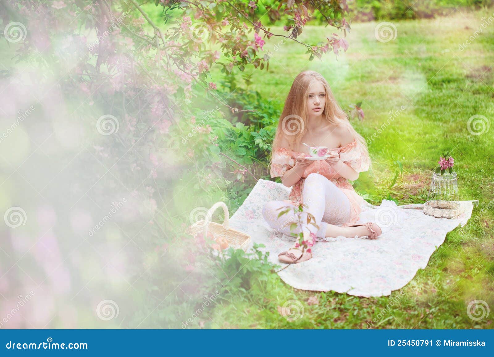 Beautiful Woman with Flowering Tree Stock Image - Image of freshness ...