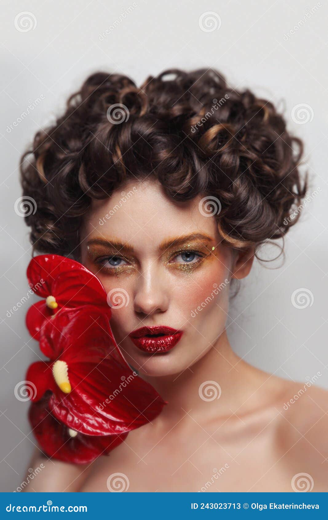 Beautiful Woman With Golden Makeup And Red Flowers Stock Image Image