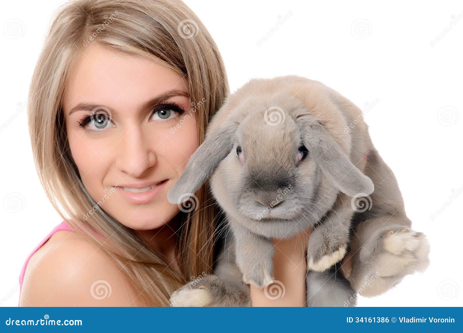The Beautiful Woman with a Grey Rabbit Stock Photo - Image of animal ...