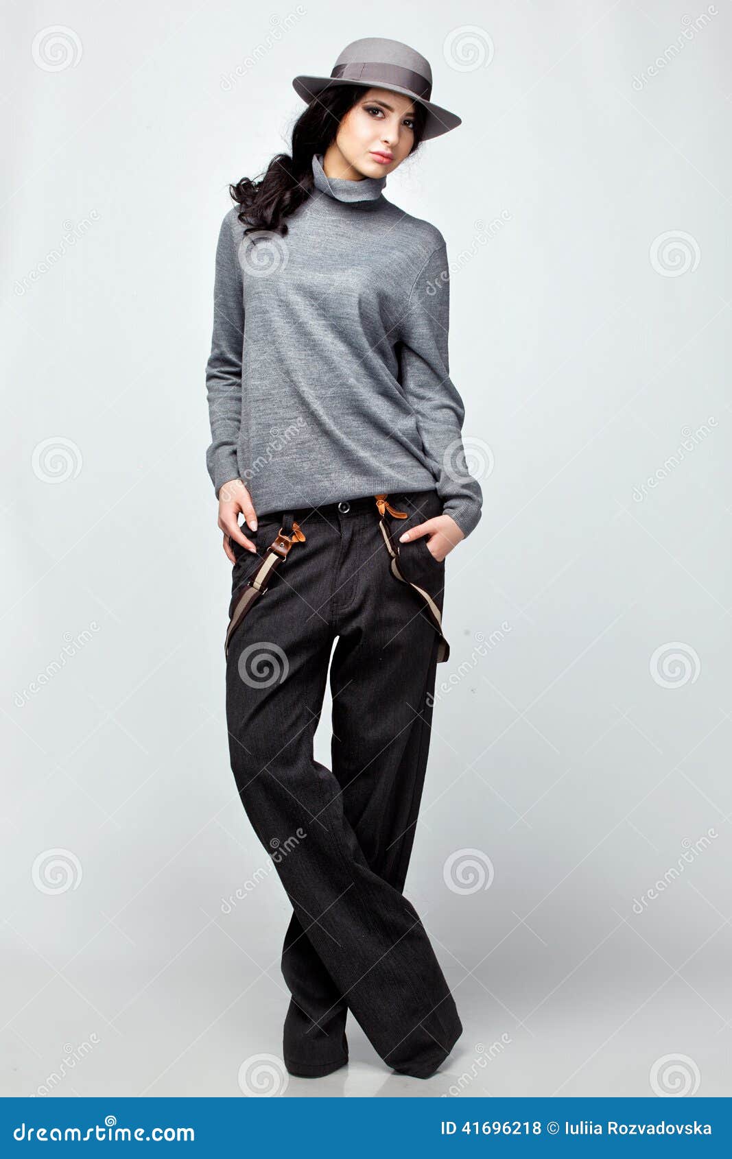 Beautiful Woman in a Hat and Pants Stock Photo - Image of female, white ...