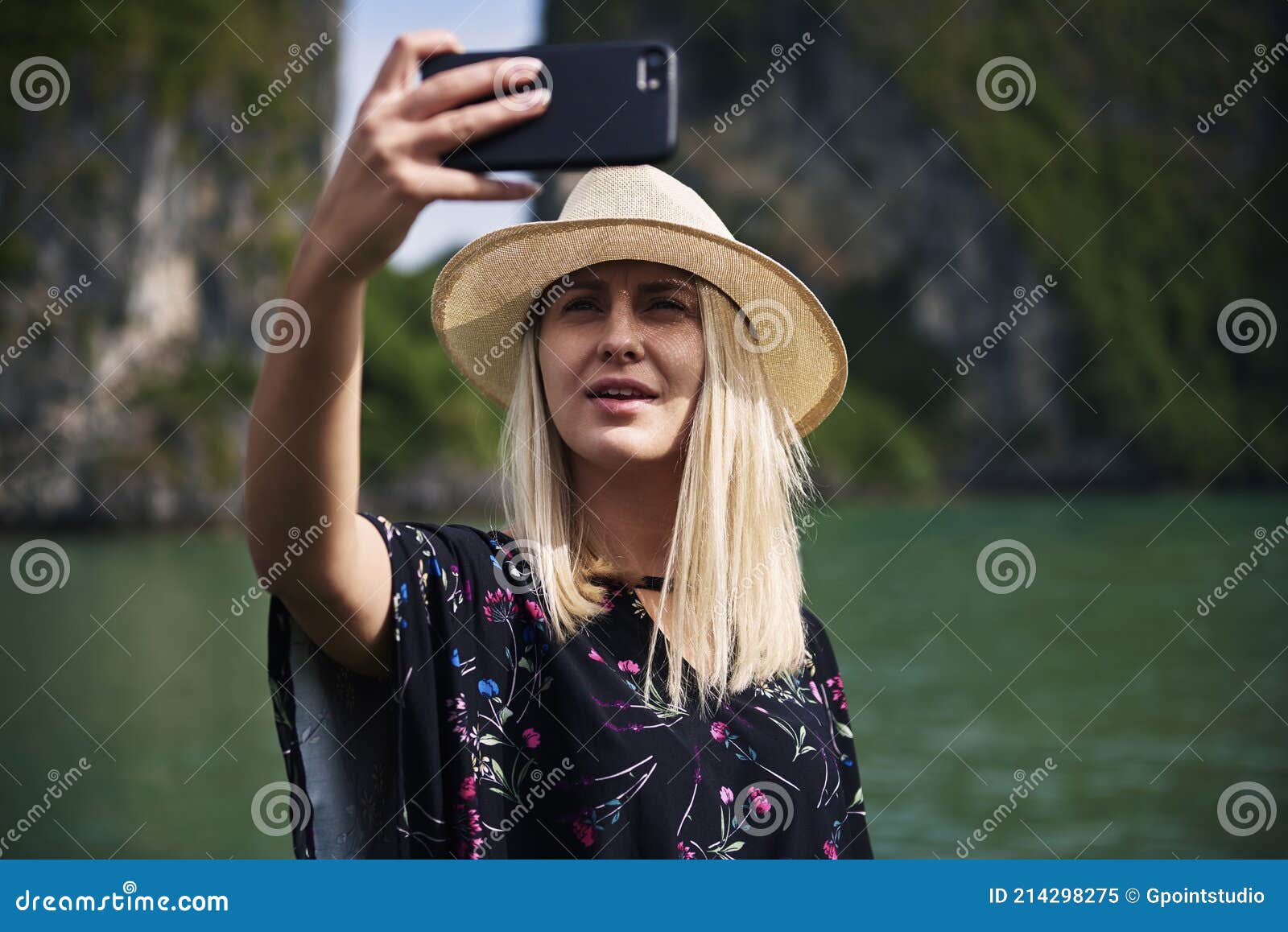 Beautiful Woman in a Hat Taking a Selfie Stock Image - Image of ...