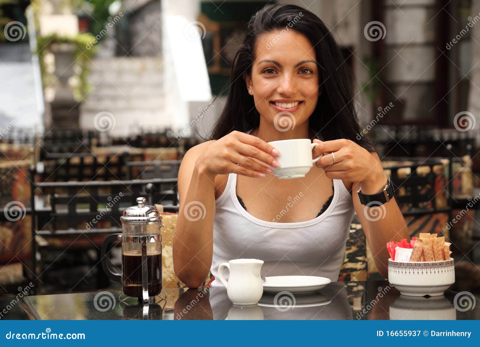 Beautiful Woman Having Coffee in Courtyard Cafe Stock Image - Image of ...