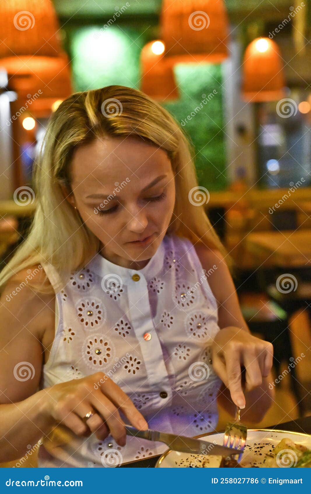 A Beautiful Woman is Having Dinner Stock Photo - Image of happiness ...