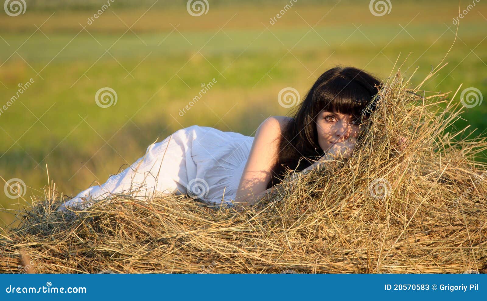 Beautiful Woman on the Haystack. Stock Image - Image of fairies, field ...